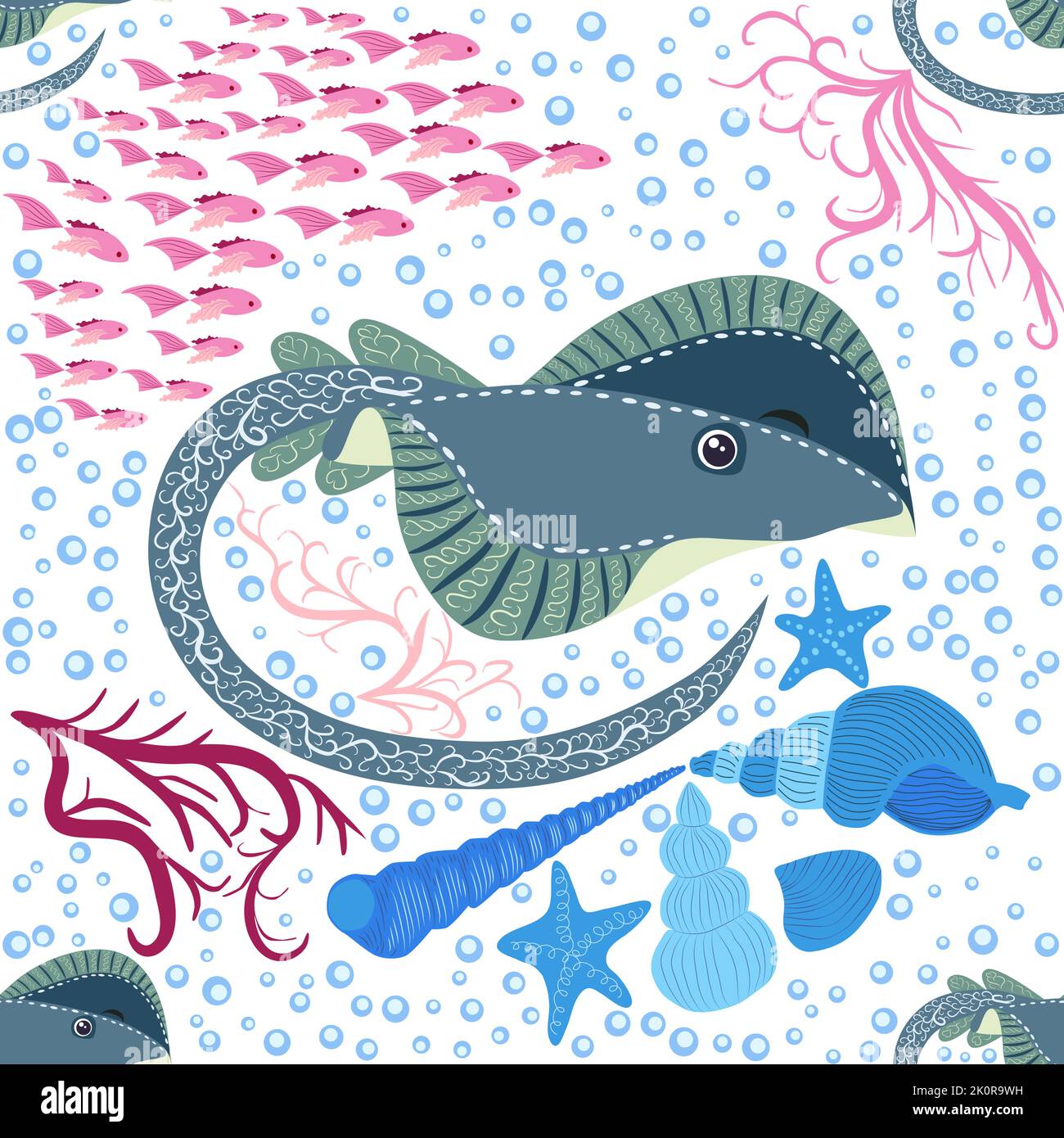 Stingray, Batomorphi sea life, fish, animals bright seamless pattern ...