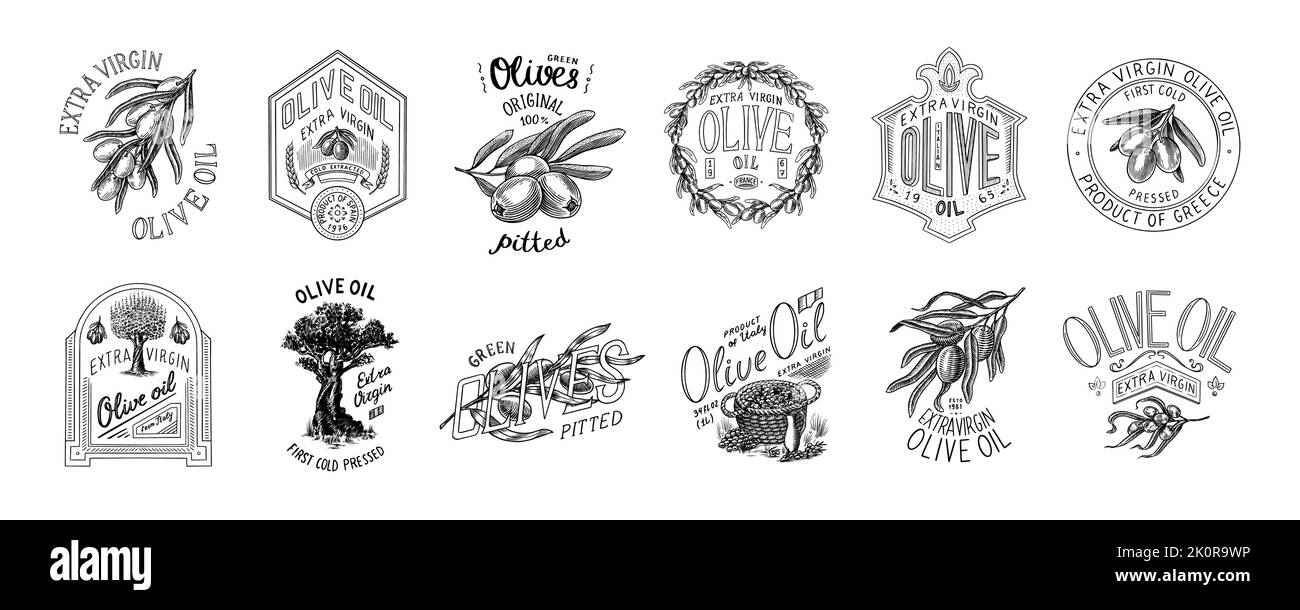 Set of Olive oil and branch of trees logo. Organic vegetarian product ...