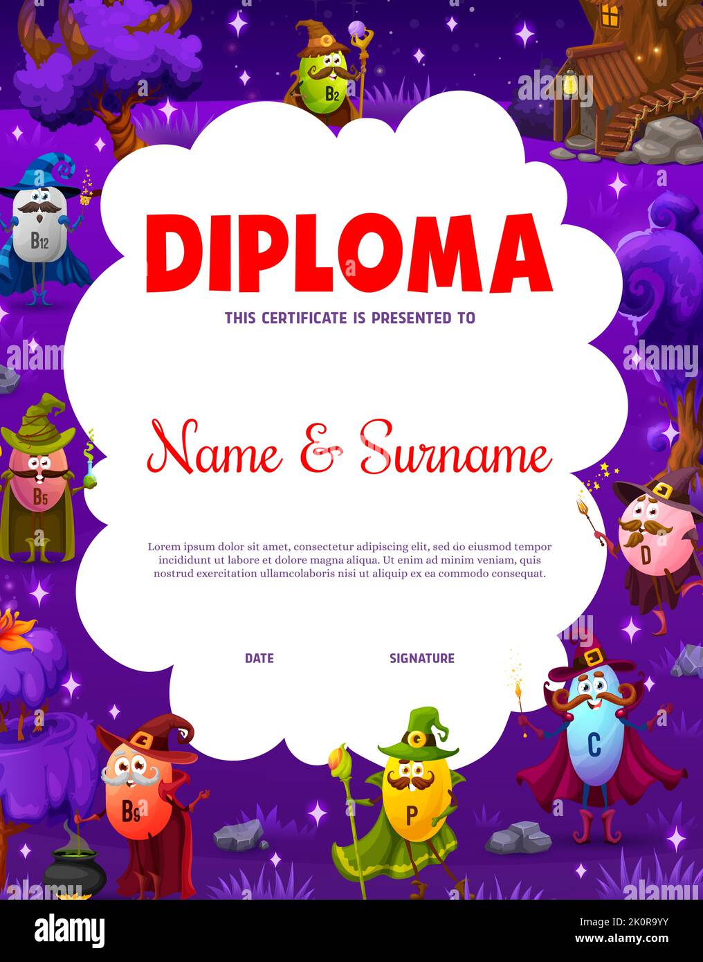 Kids diploma. Cartoon vitamin wizard, warlock, mage and witch ...