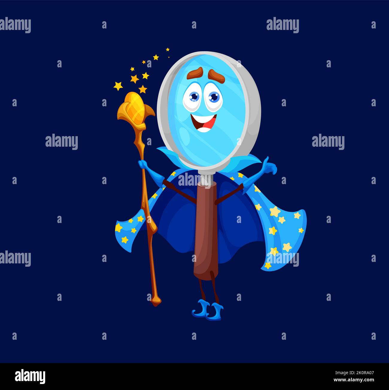 Cartoon school magnifying glass warlock, wizard or mage character ...