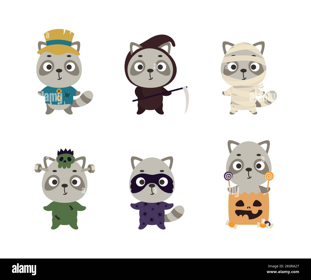 Cute Halloween raccoon set. Cartoon animal character collection for ...