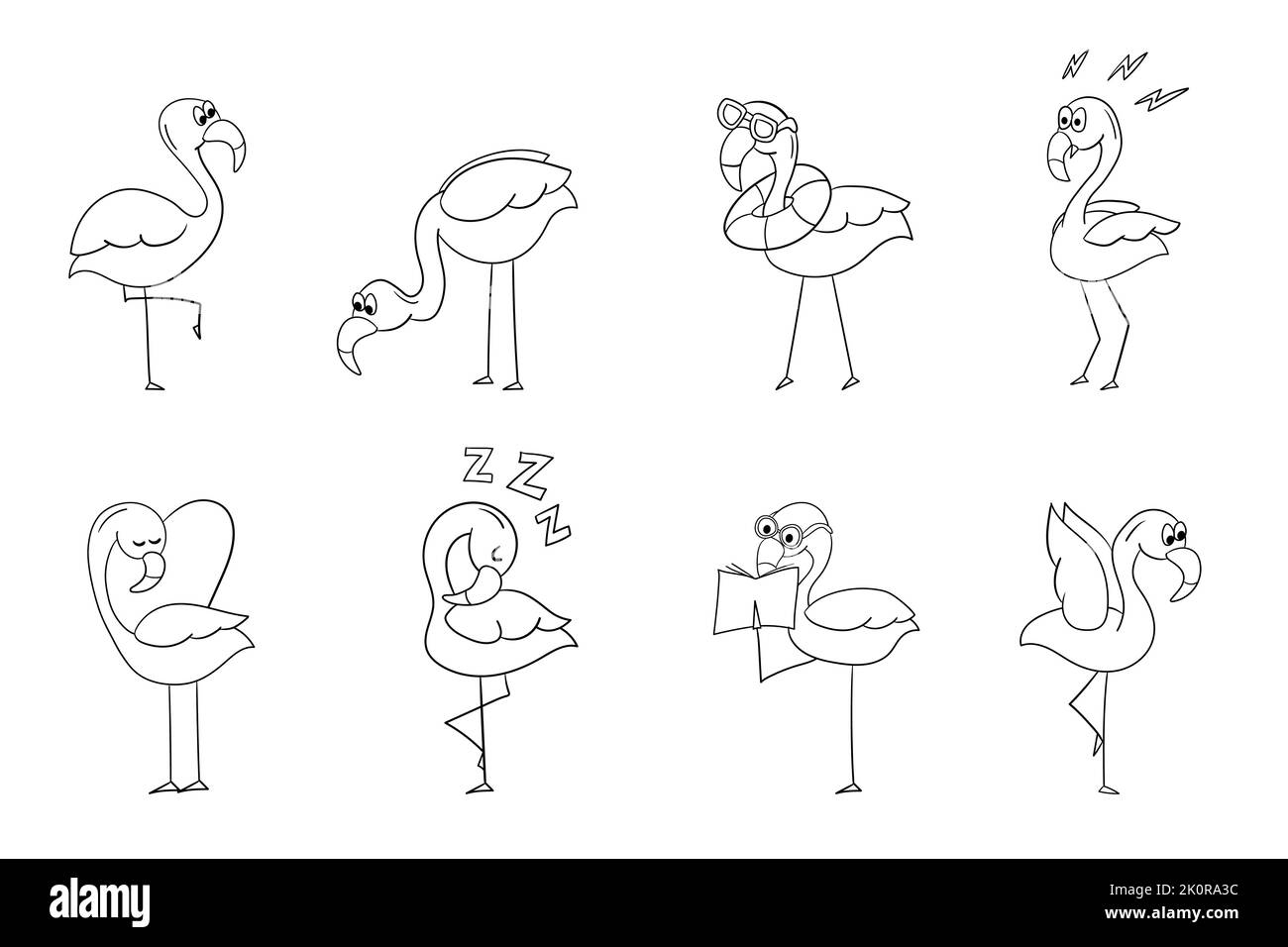 Set of flamingos, outline vector cartoon illustration on white ...