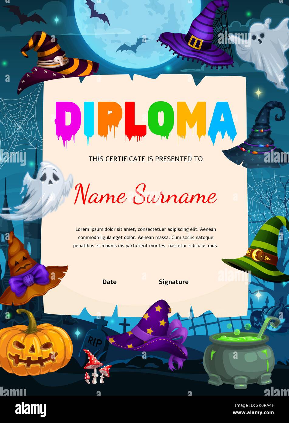 Kids diploma. Halloween witch hats, night cemetery landscape and castle ...