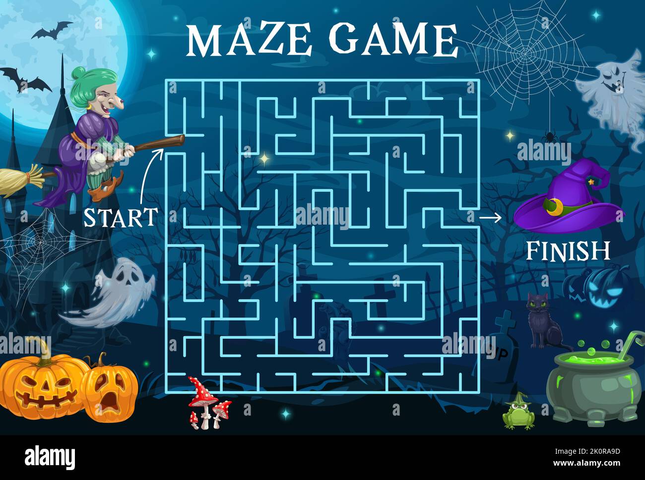 Halloween labyrinth maze. Help to witch to find her hat. Children find ...
