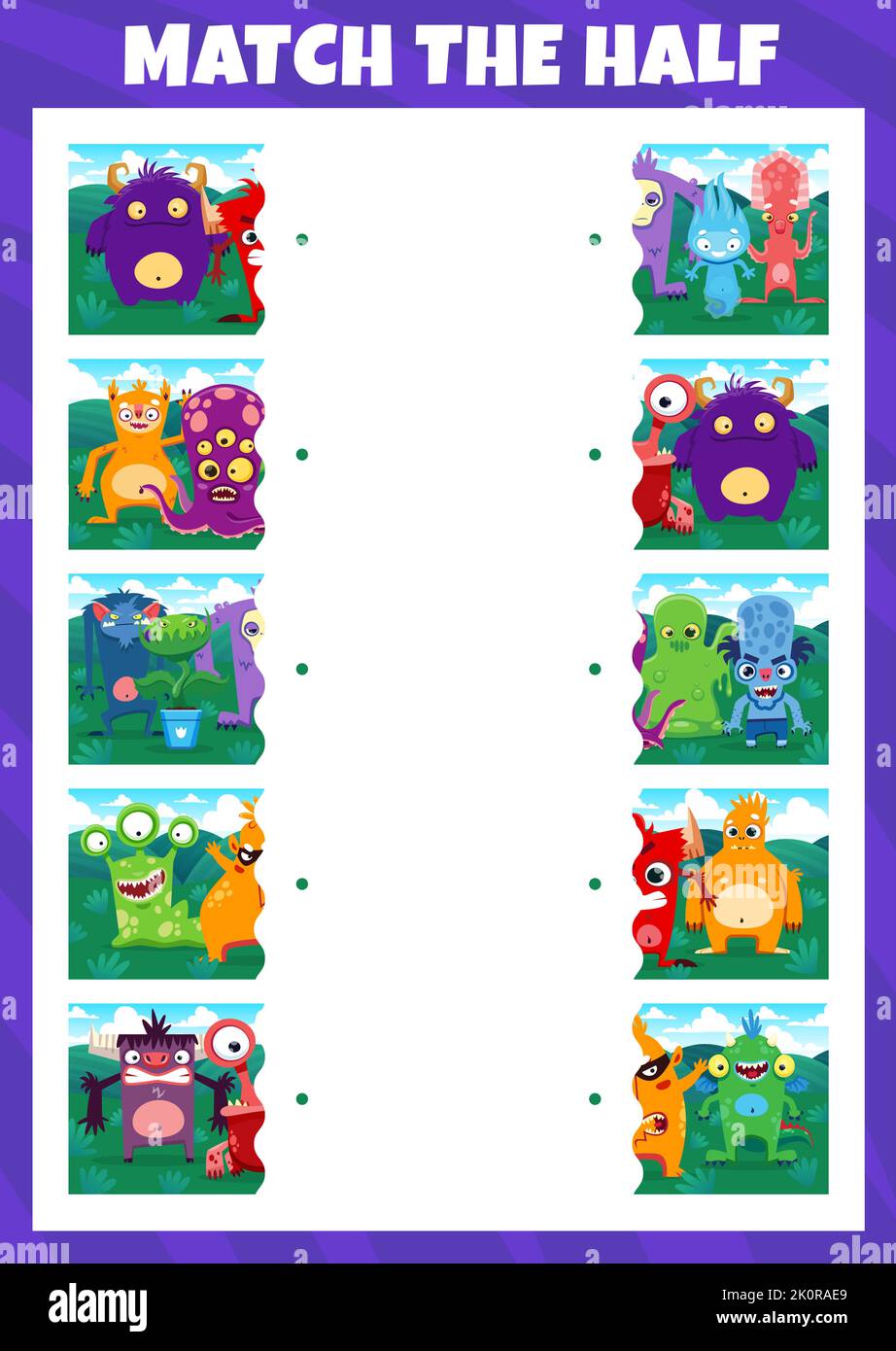 Match the half of cartoon monster characters. Objects parts matching ...