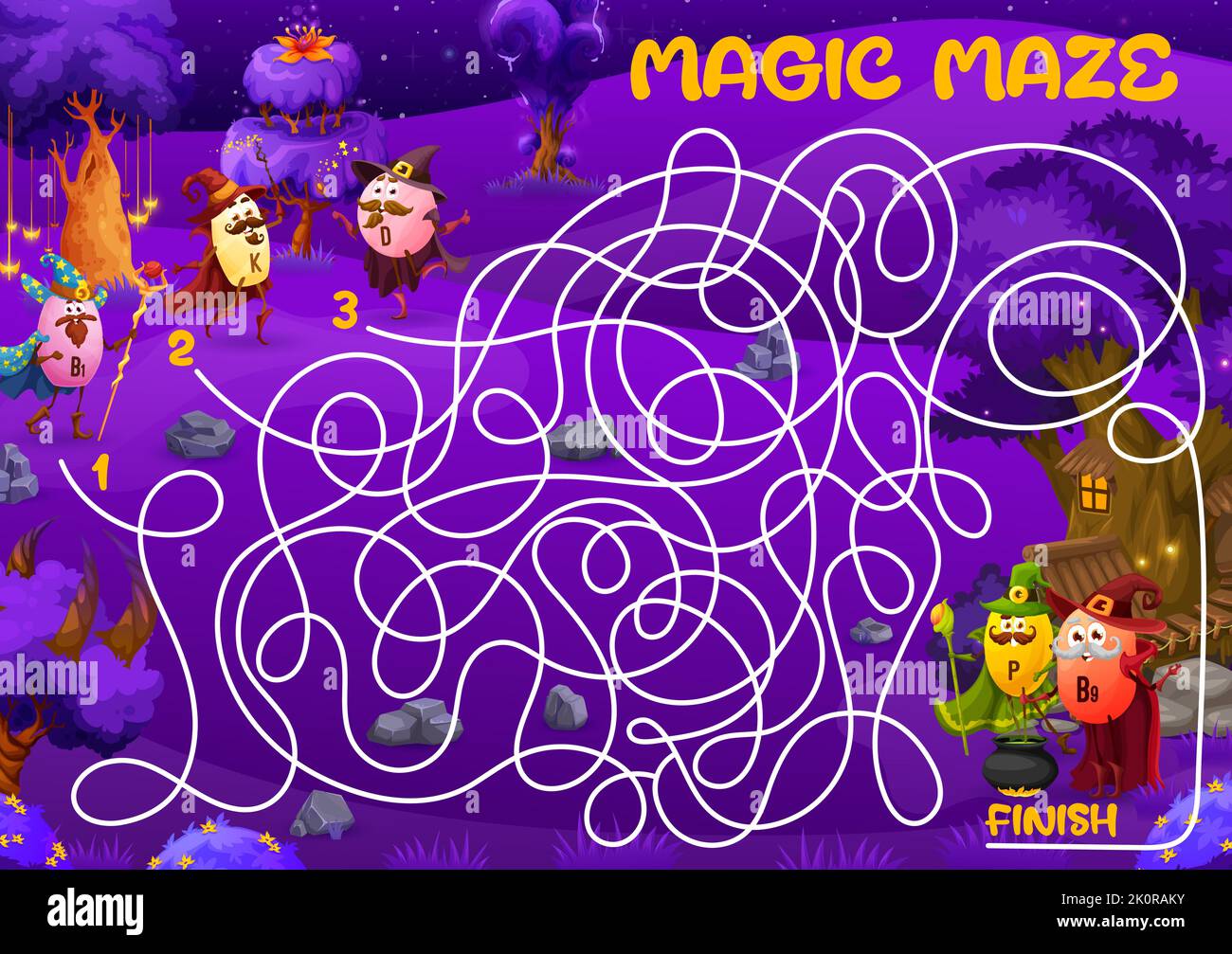 Labyrinth maze game. Cartoon vitamin wizard and mage characters ...