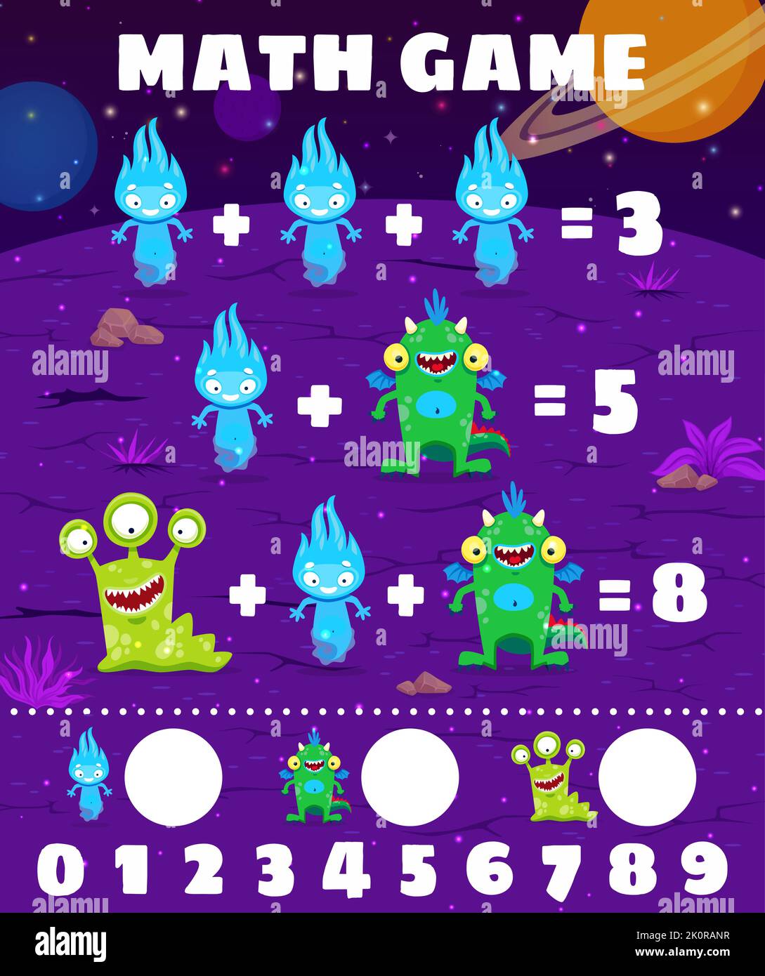 Math game worksheet. Cartoon space alien monster characters. Child math ...