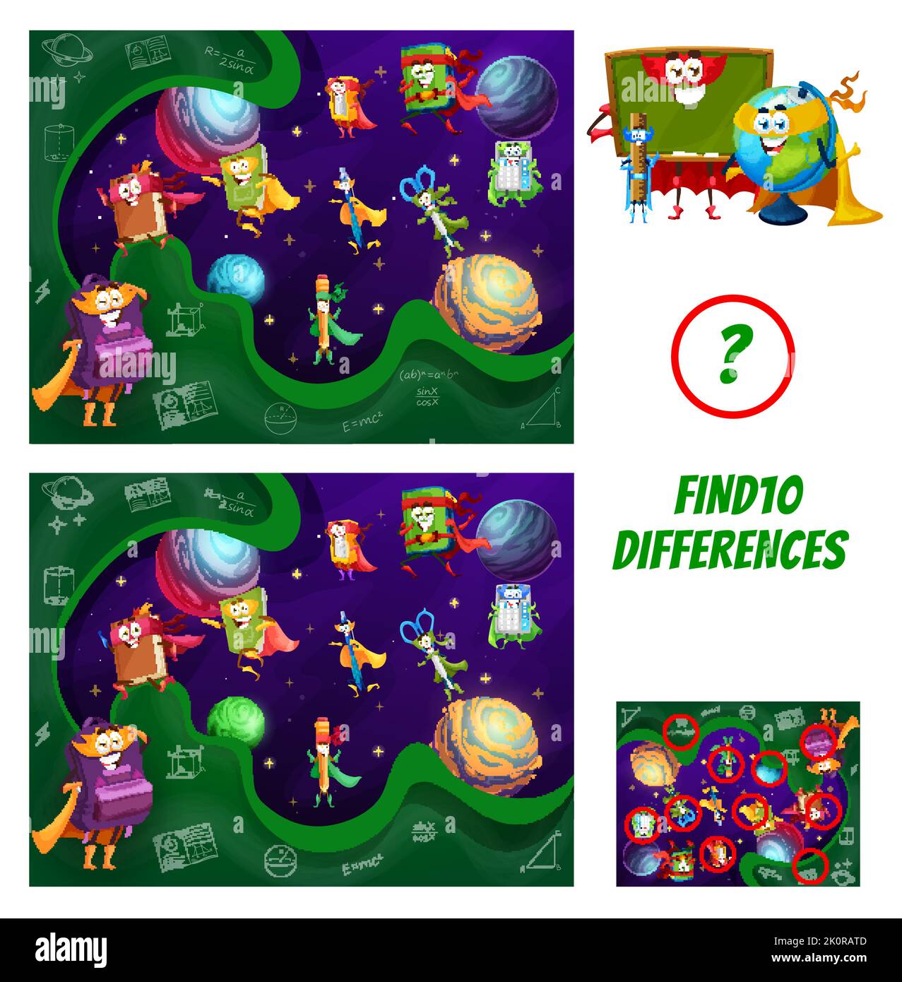 Find ten differences. Cartoon school education superhero characters ...