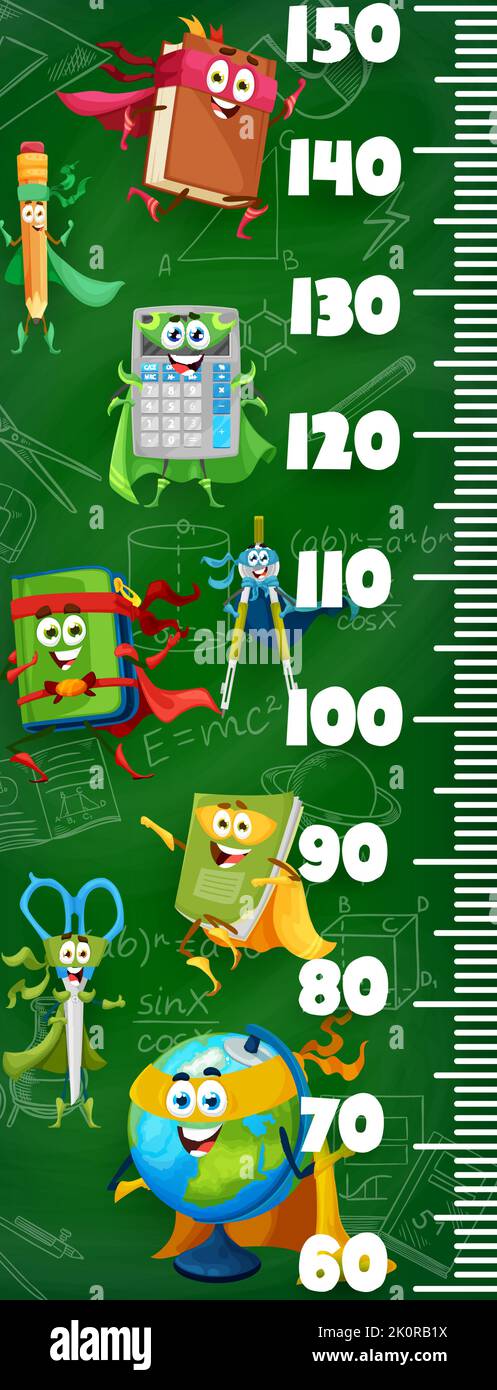 Kids height chart ruler. Cartoon school superhero characters. Kids height vector scale or meter ...