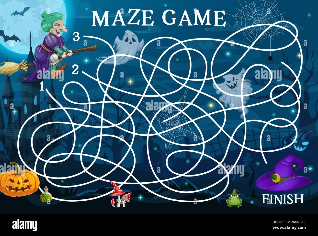 Halloween labyrinth maze. Help to witch to find her hat. Children ...