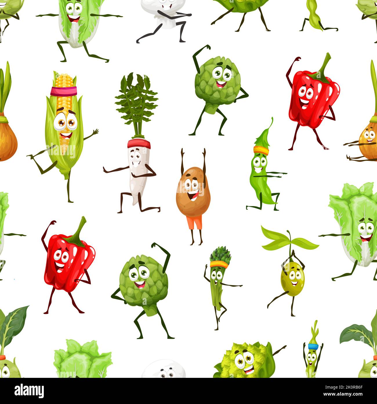 Cartoon vegetable characters on yoga or fitness sport, vector seamless ...