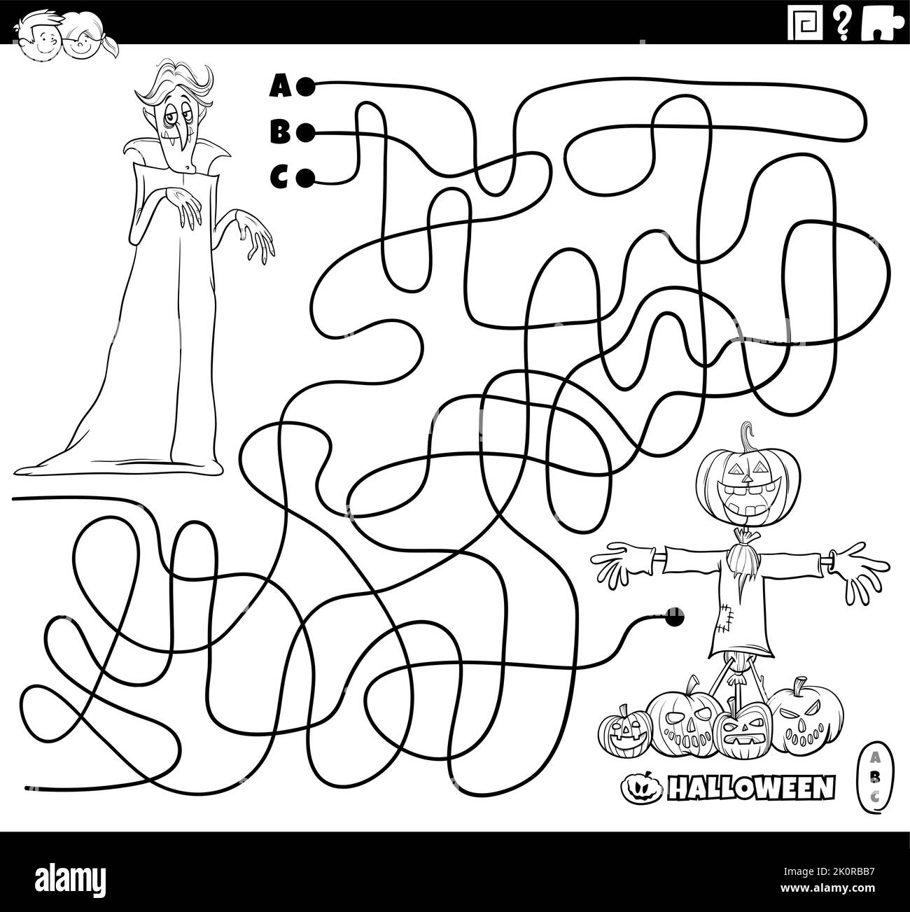 Black and white cartoon illustration of lines maze puzzle with comic ...