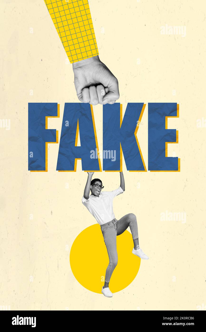 Vertical collage image of huge human fist black white effect push ...