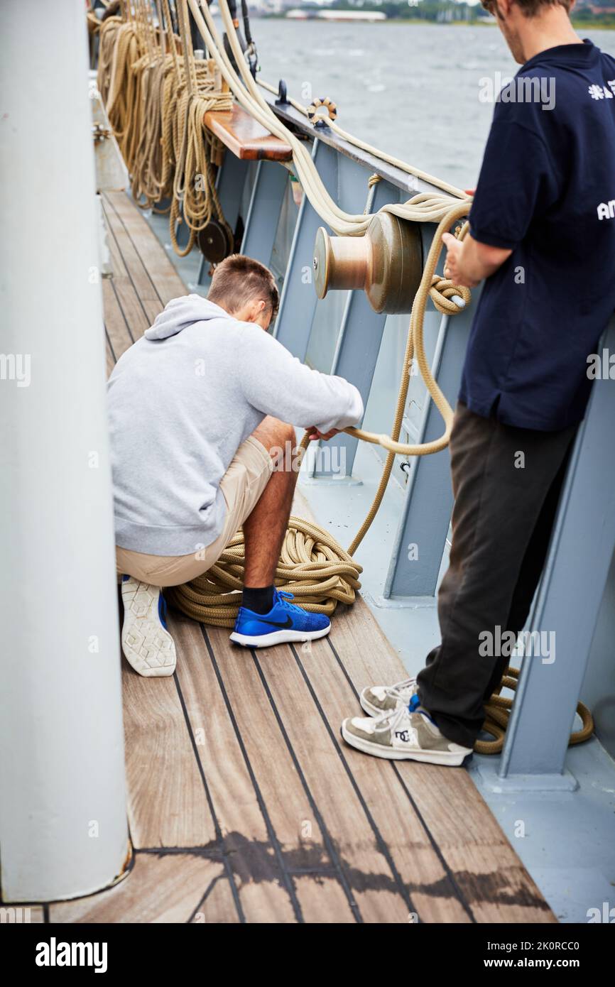 young boy inside ships from Tall Ship Race 2022 event in Aalborg 2022 ...