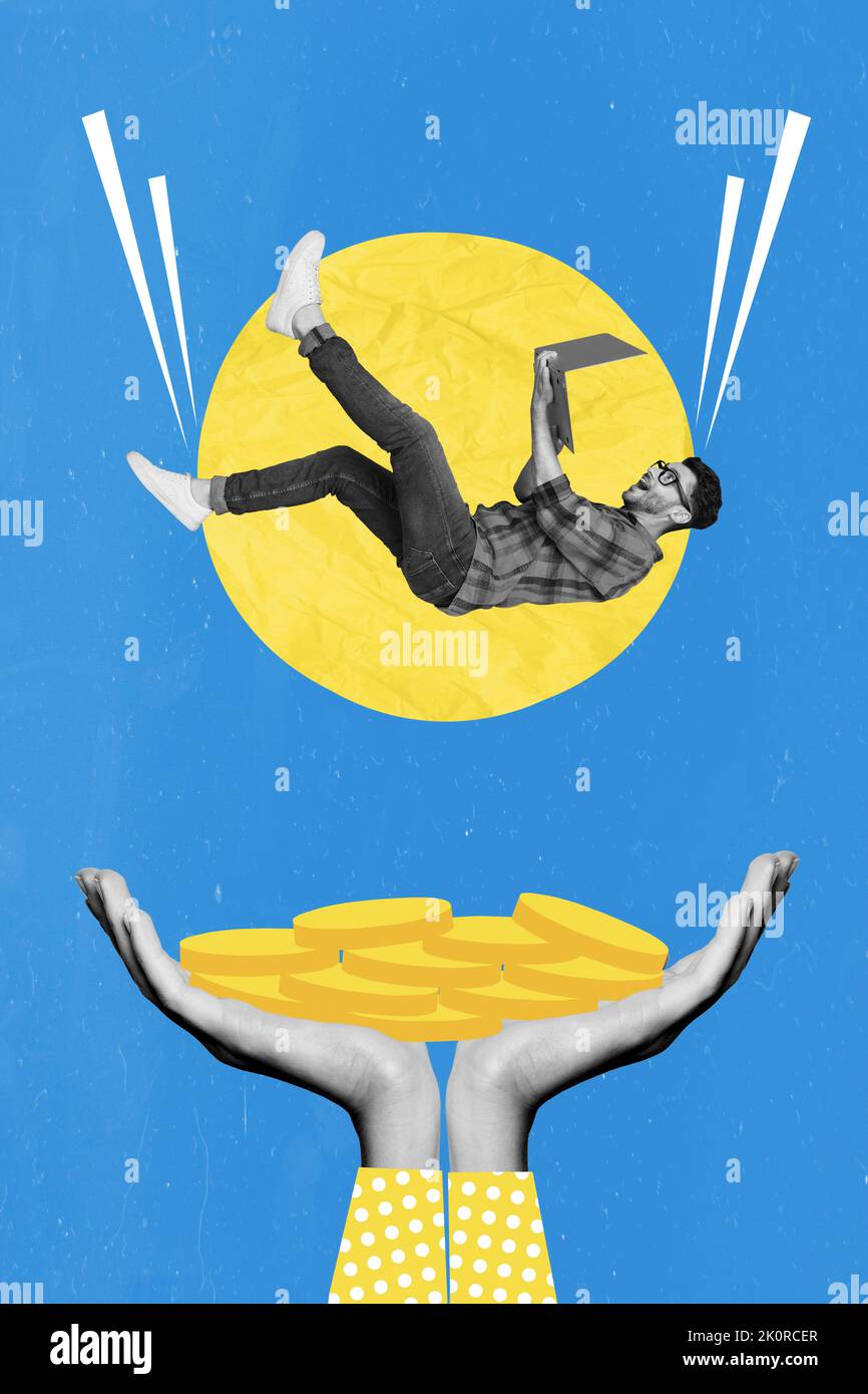 Vertical collage picture of excited guy black white colors falling air ...