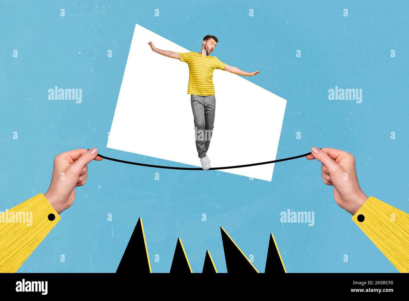 Composite collage illustration of human arms fingers hold rope small ...