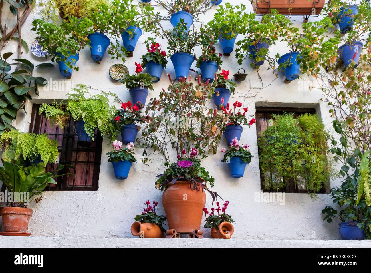 A beautiful floral decoration of a white wall of a residential house in ...