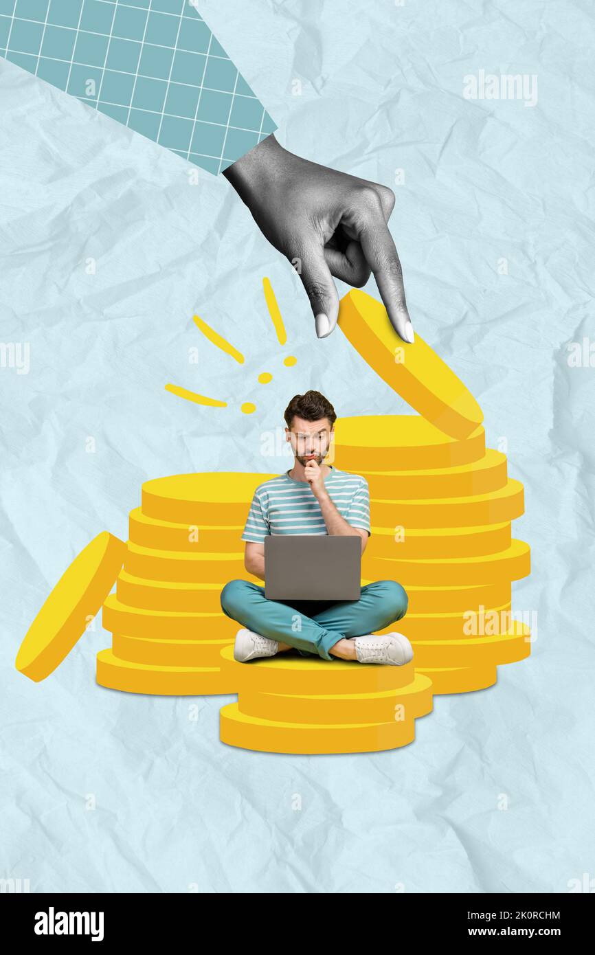 Vertical collage image of minded guy use netbook big human arm black ...