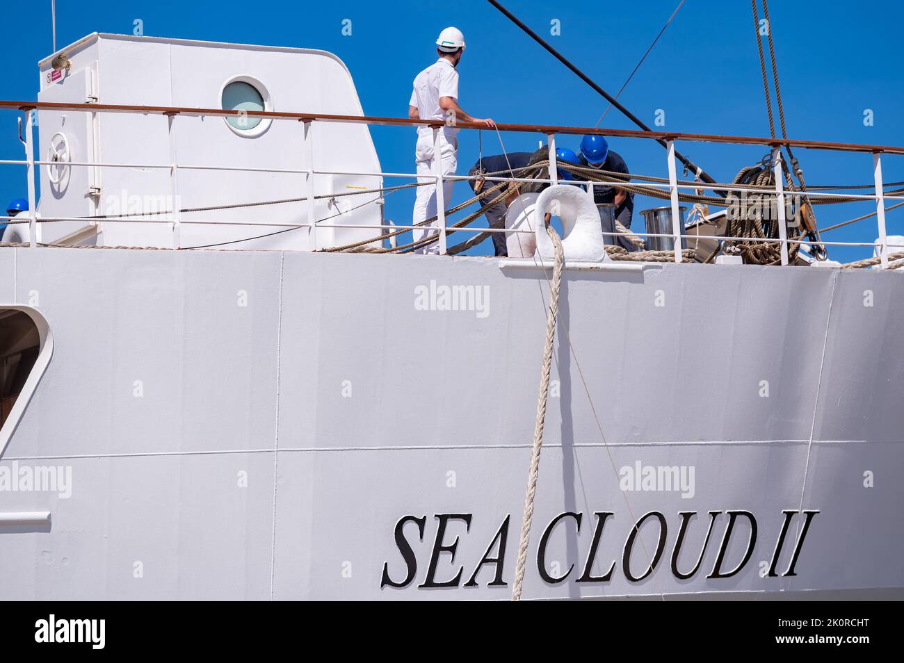 The sailing ship Sea Cloud II docked at the The Greeting to the Sun ...