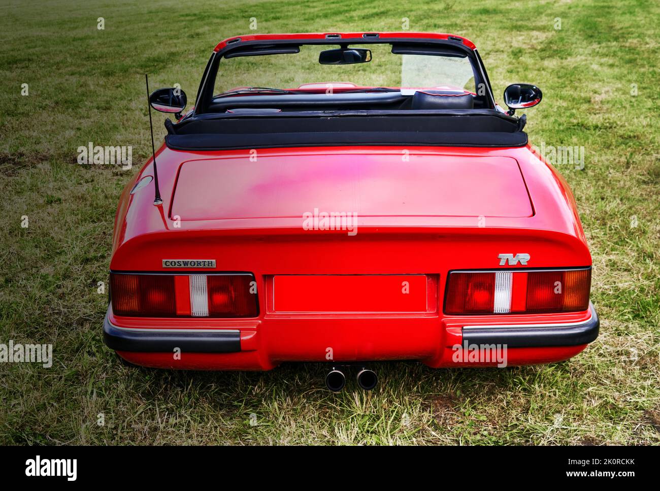 Cosworth TVR sports car, rear view of the red English bolide as a ...