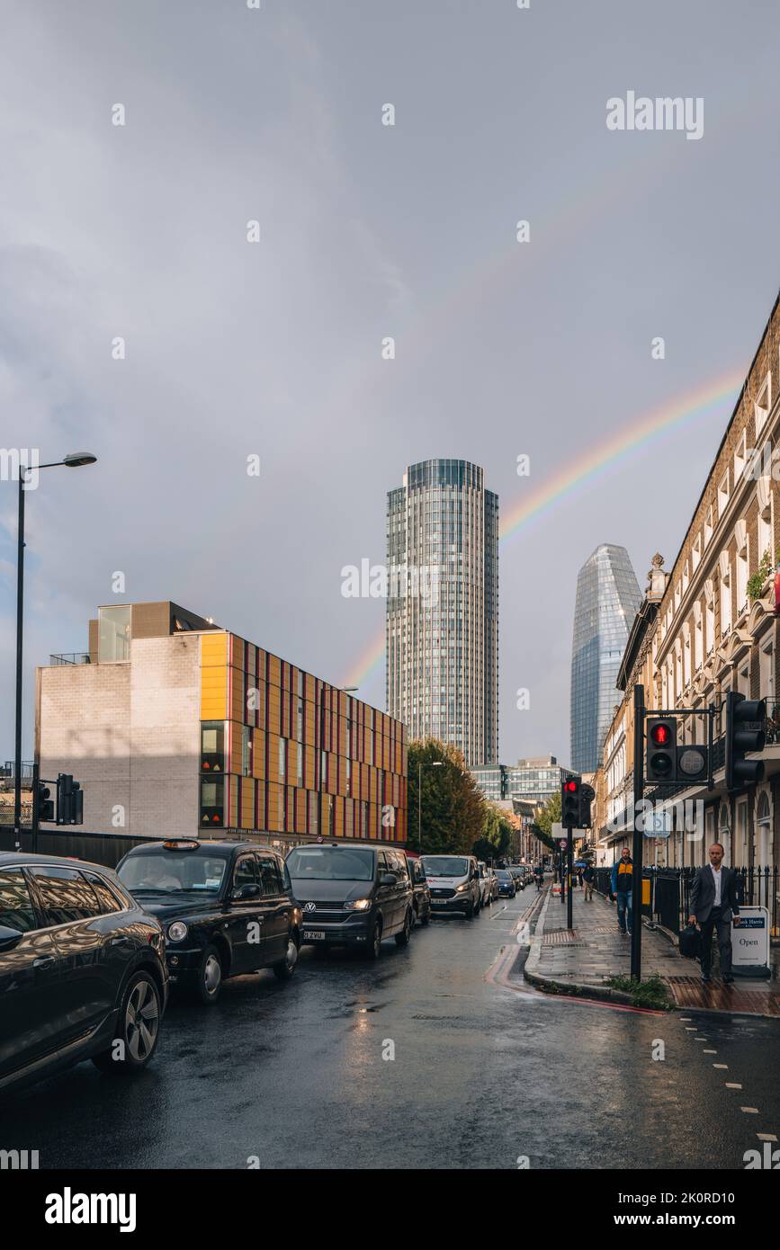 London, UK - September 8, 2022: View of double rainbow behind Southbank ...
