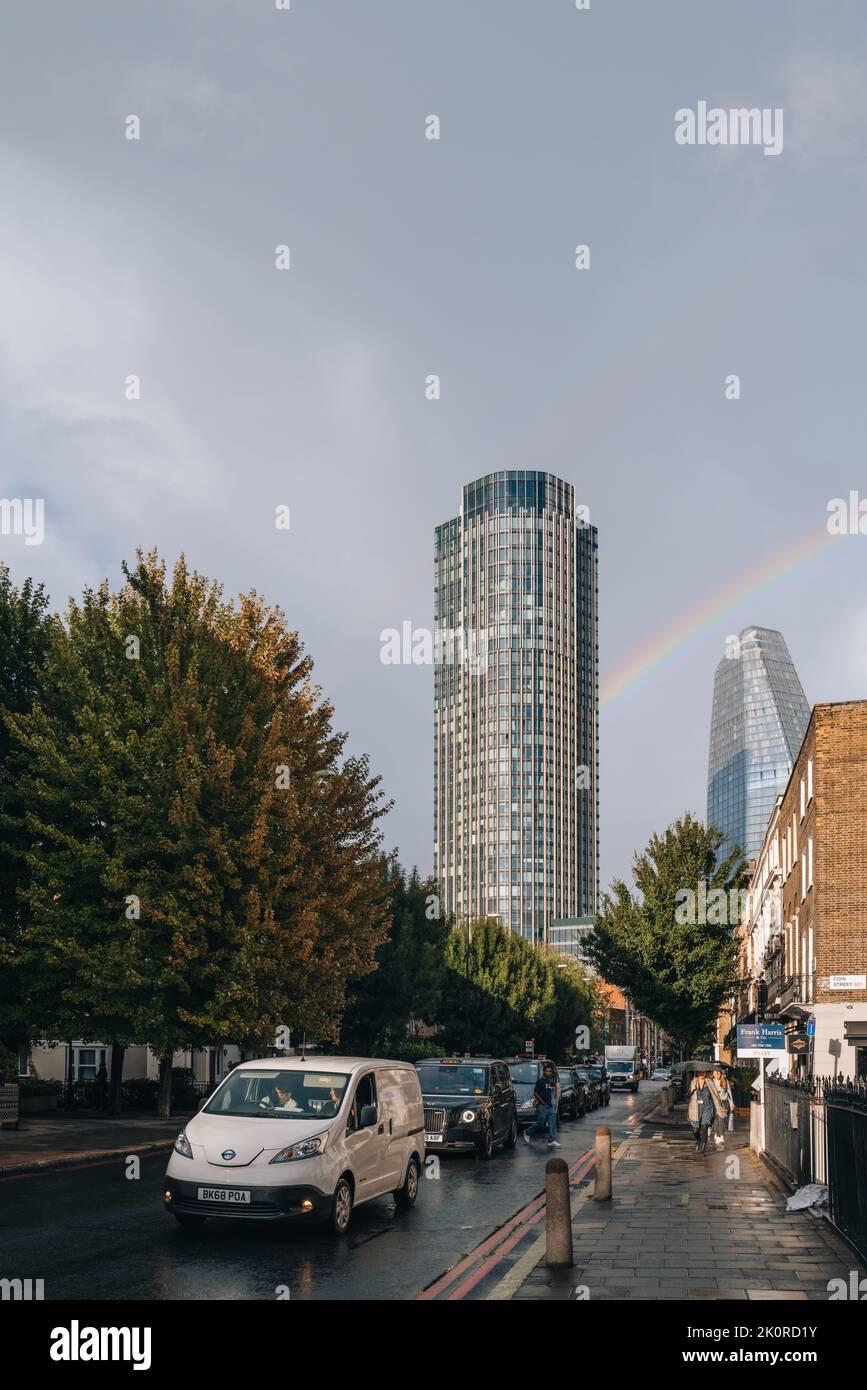 London, UK - September 8, 2022: View of a rainbow behind Southbank ...