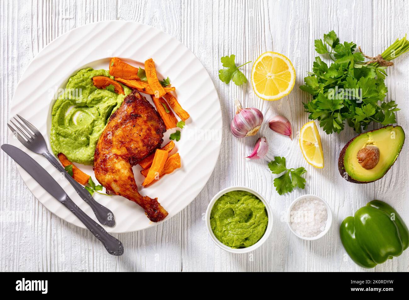 fried chicken leg with guasacaca sauce of avocado, green pepper and ...