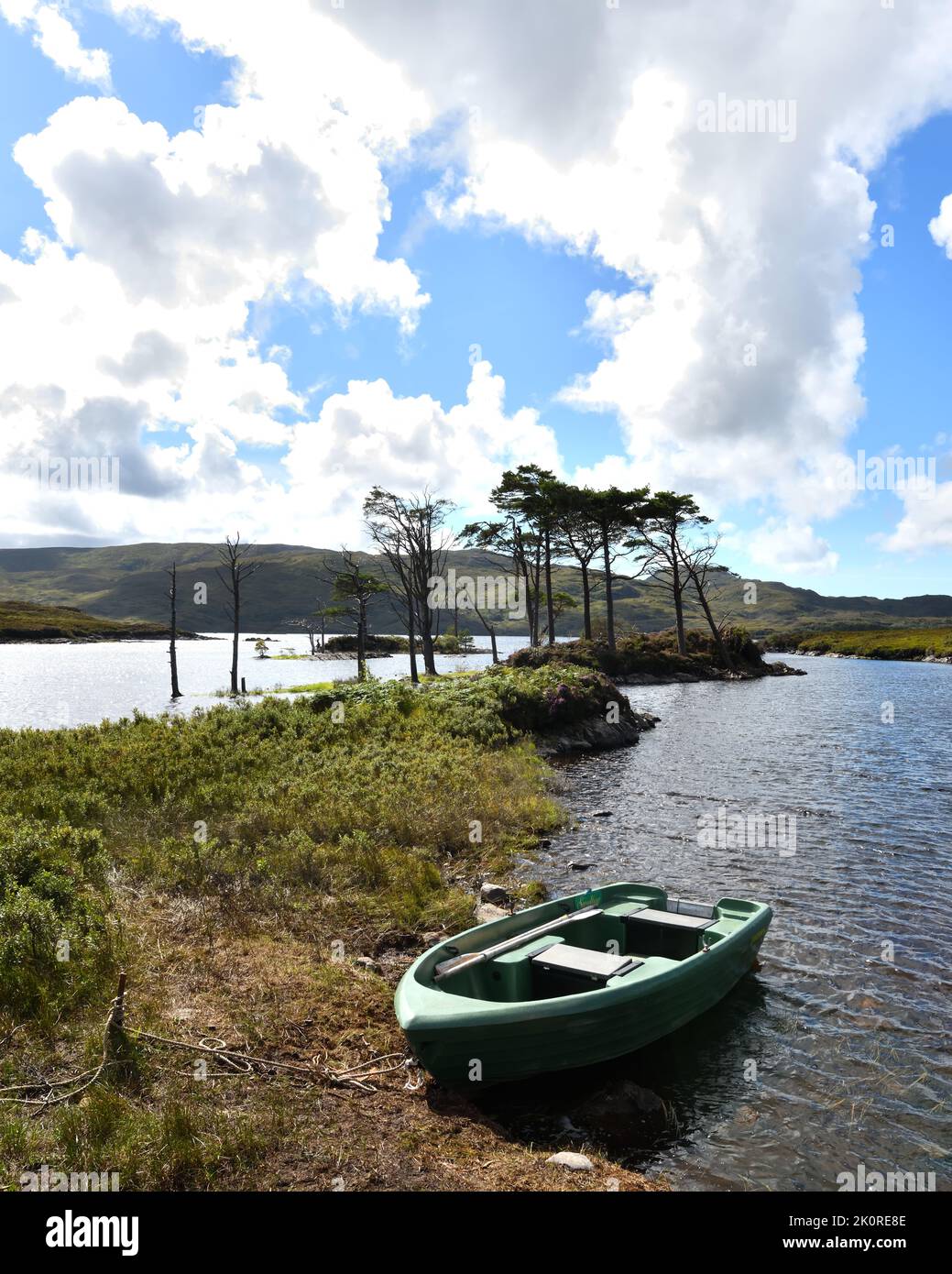 A small rowing boat tethered to the shore at the north end of Loch ...