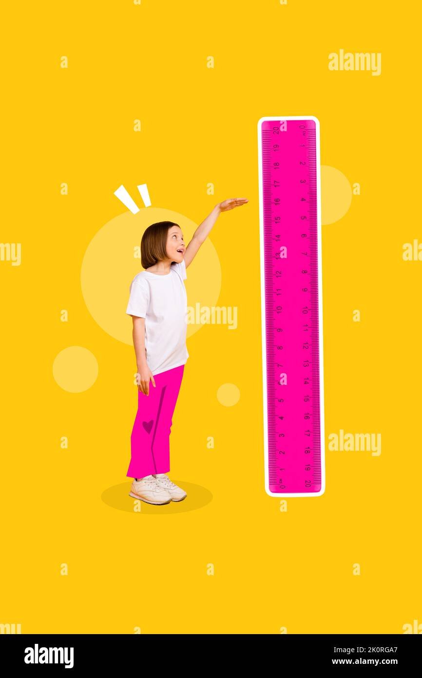 Vertical collage image of little girl hand measure height big ruler ...