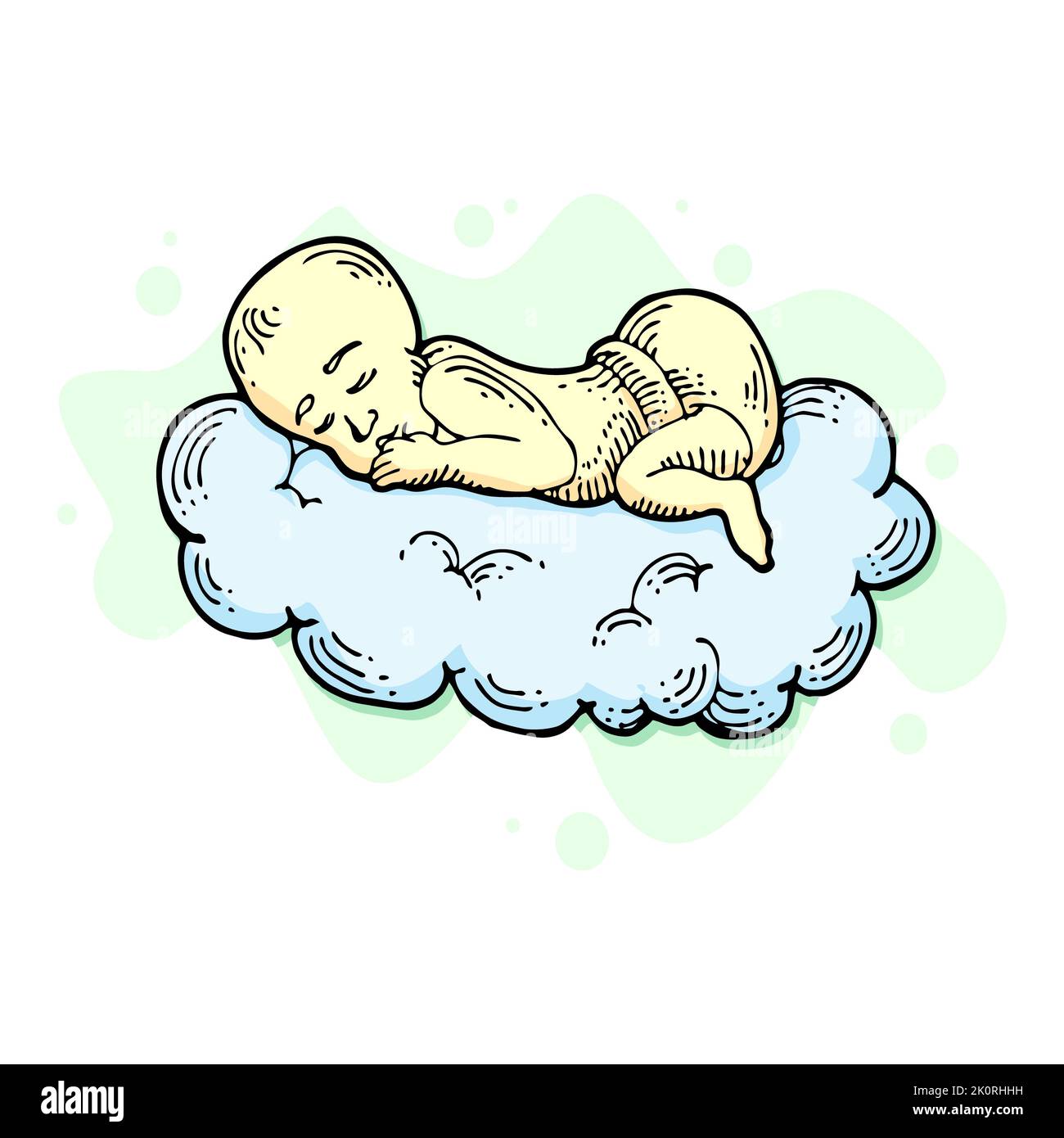 sleeping infant baby child on cloud sketch engraving vector ...