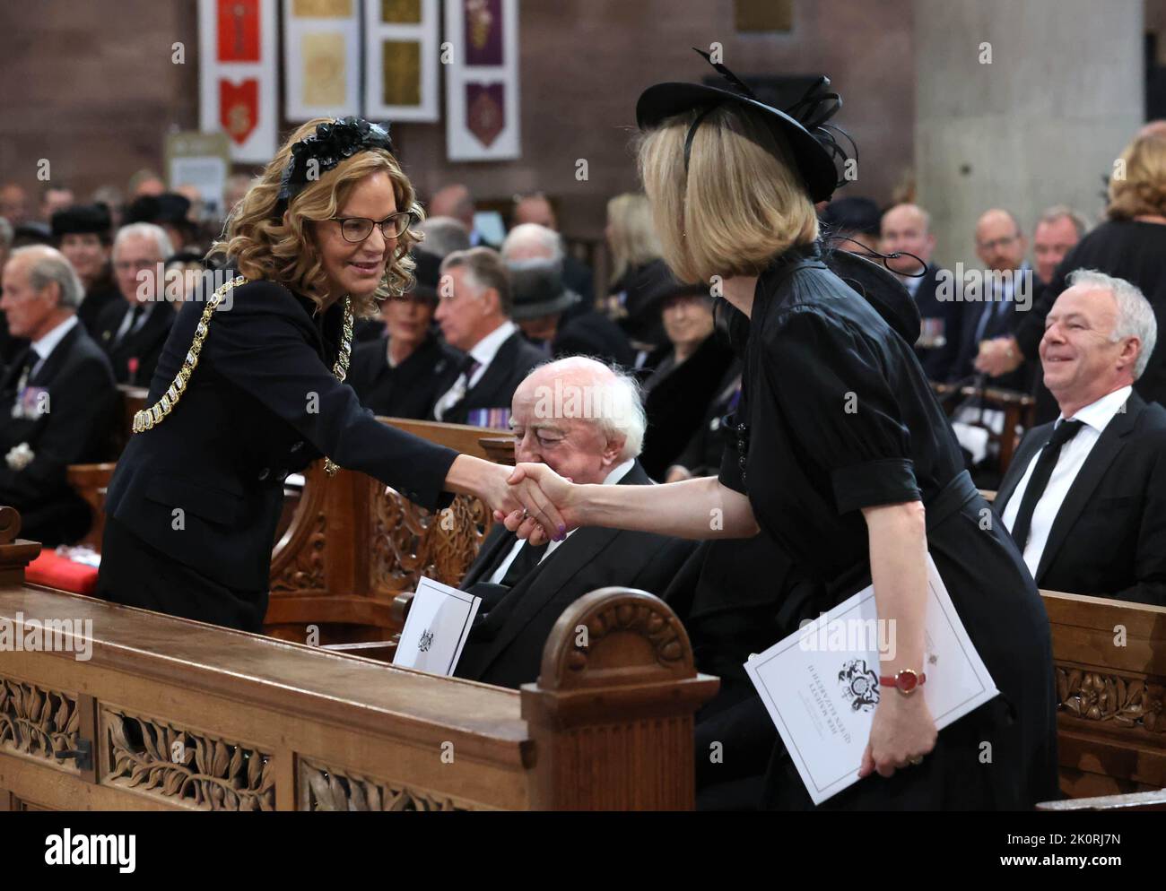 Lord Mayor of Belfast Tina Black (left) greets Prime Minister Liz Truss ...
