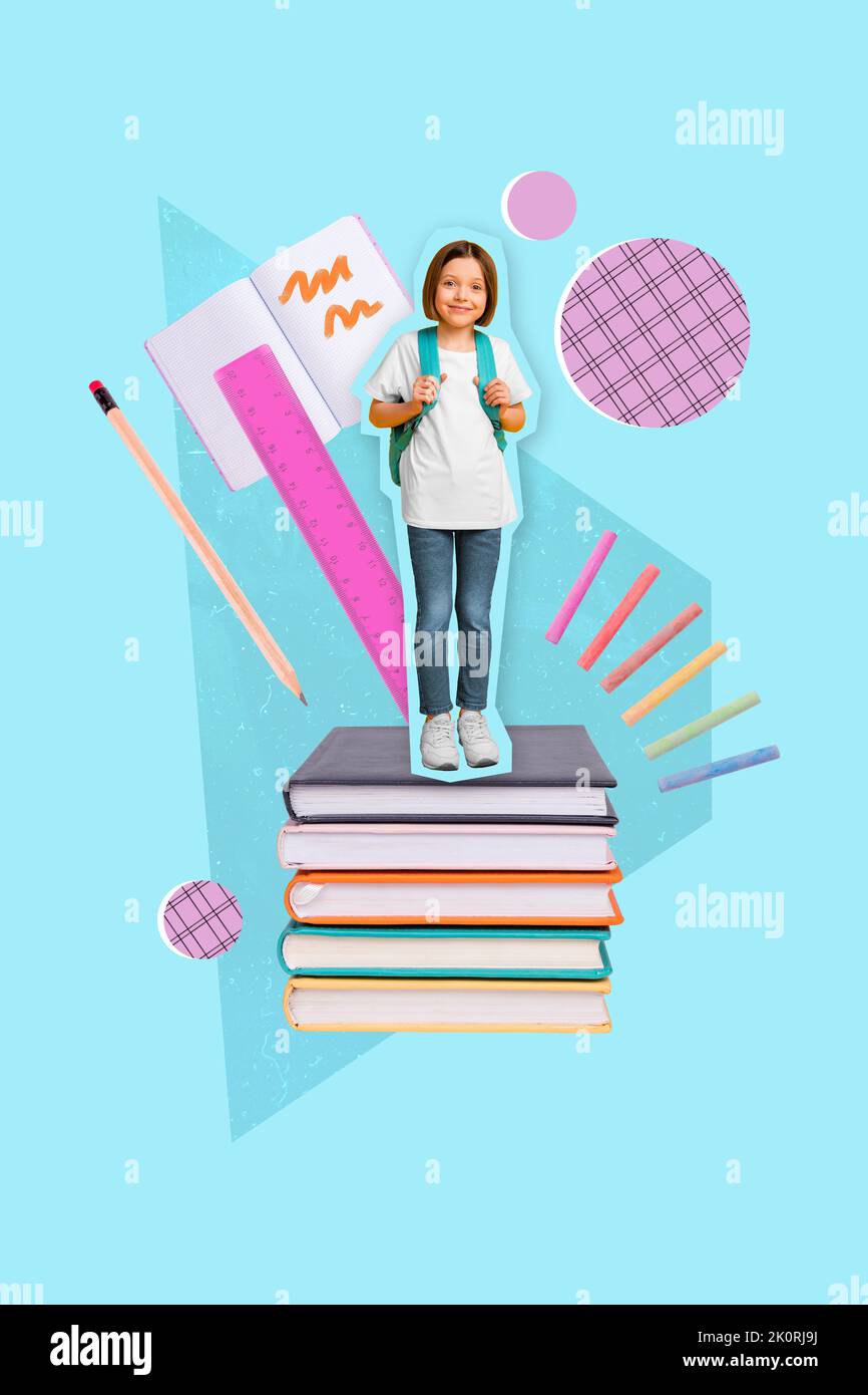 Vertical collage picture of little happy girl stand big pile stack book ...