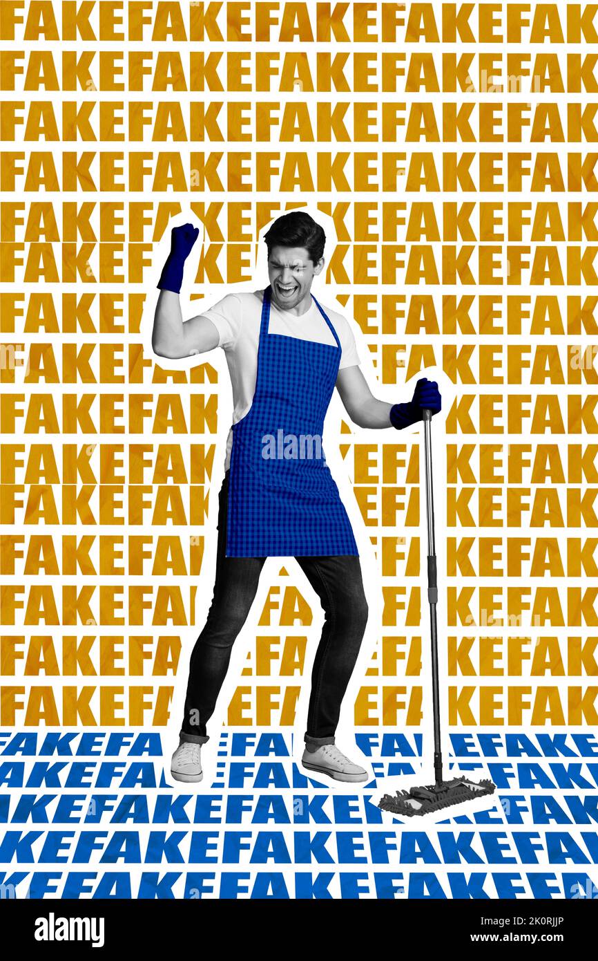 Collage photo of young funny housekeeper student work home cleaning ...