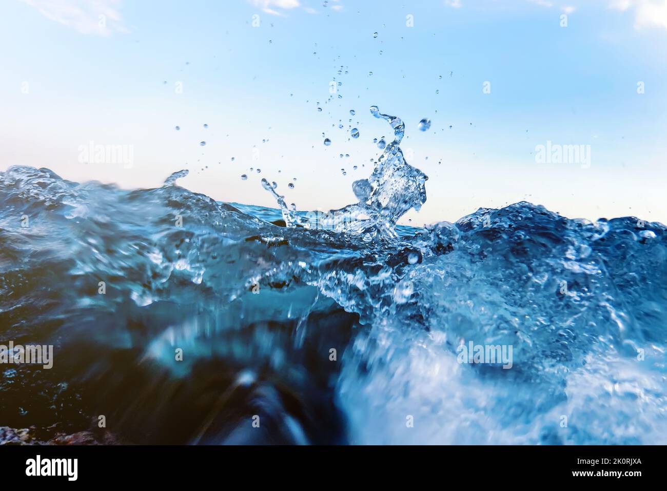 Sea wave splash close up, low angle view water background Stock Photo ...