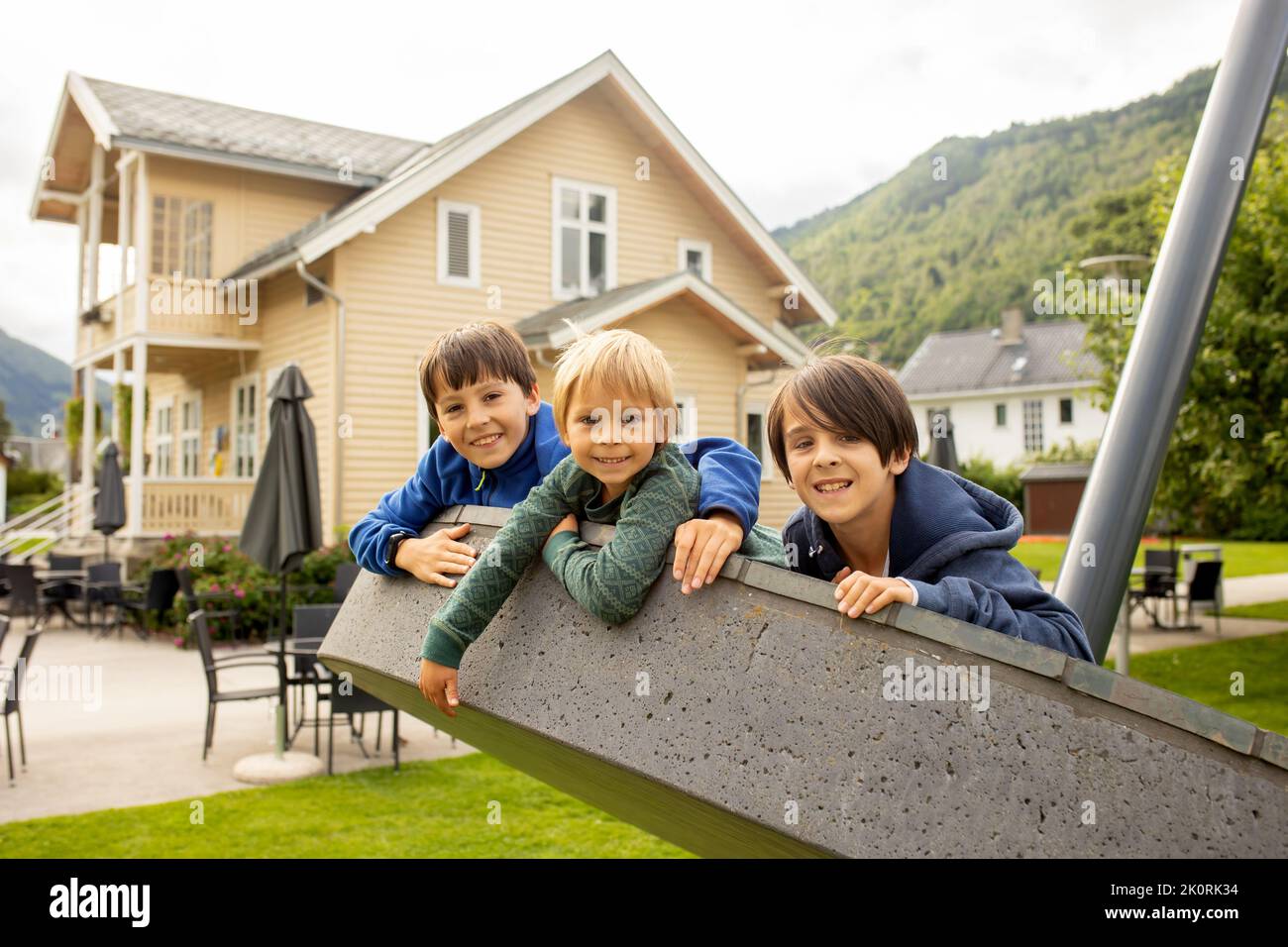 People, children enjoying the amazing views in Norway to fjords ...