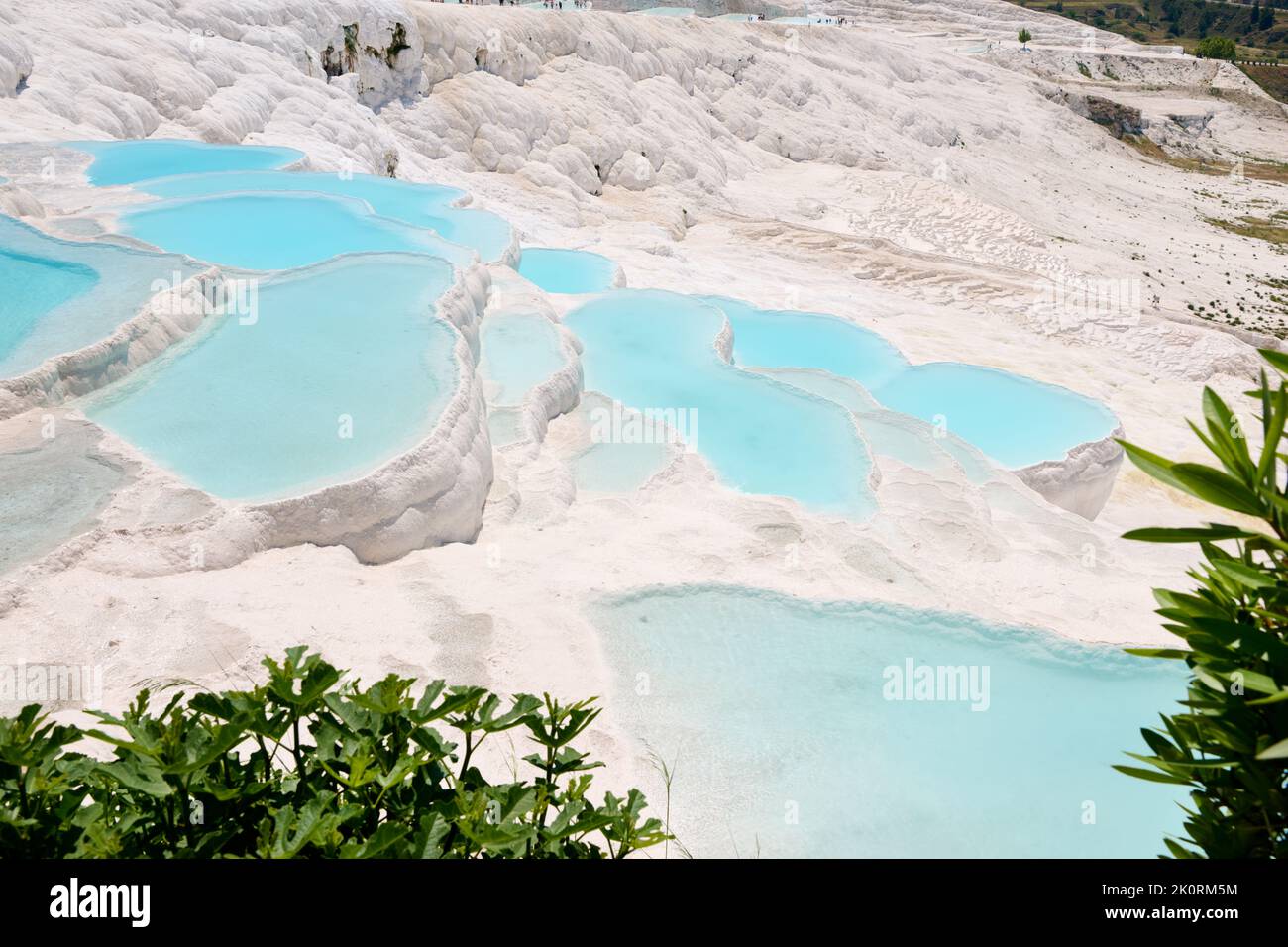 blue pools with water and white travertine terraces of Pamukkale ...