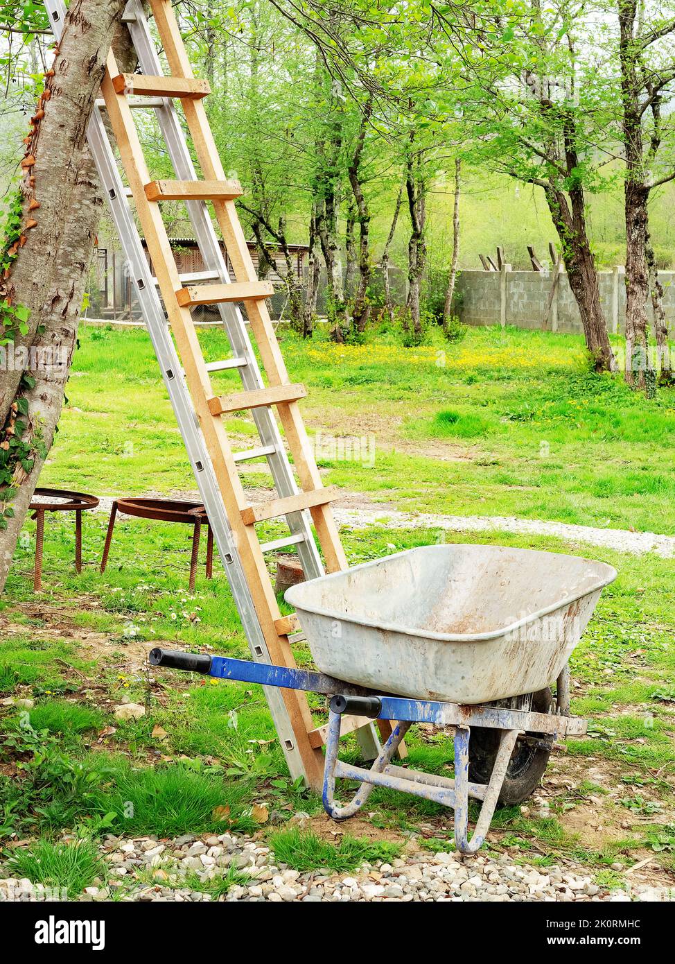 Cart on wheels with ladder. Work cart with ladder outdoors. Cart and ...