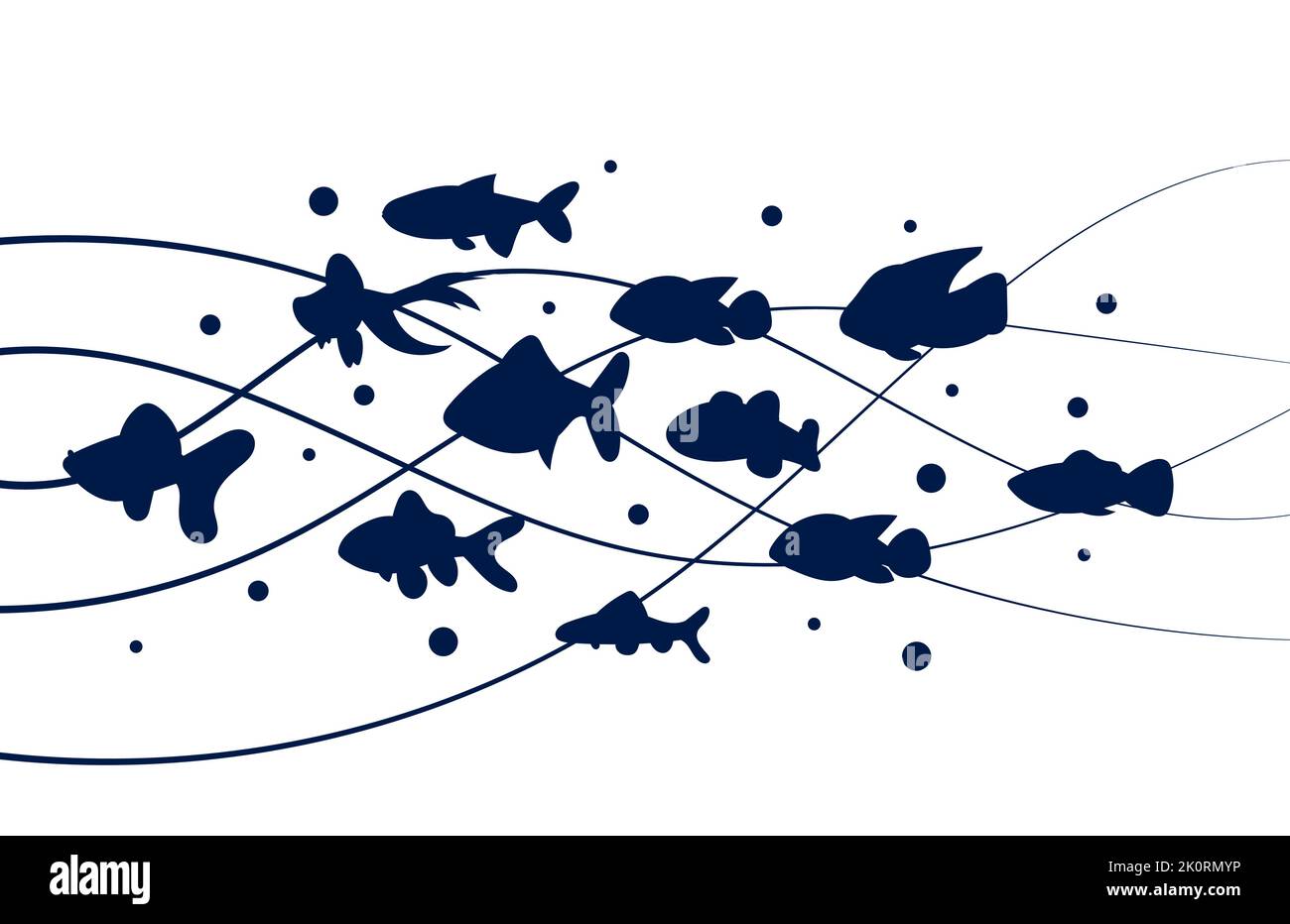 A flock of fish silhouette are floating on the waves isolated on white ...