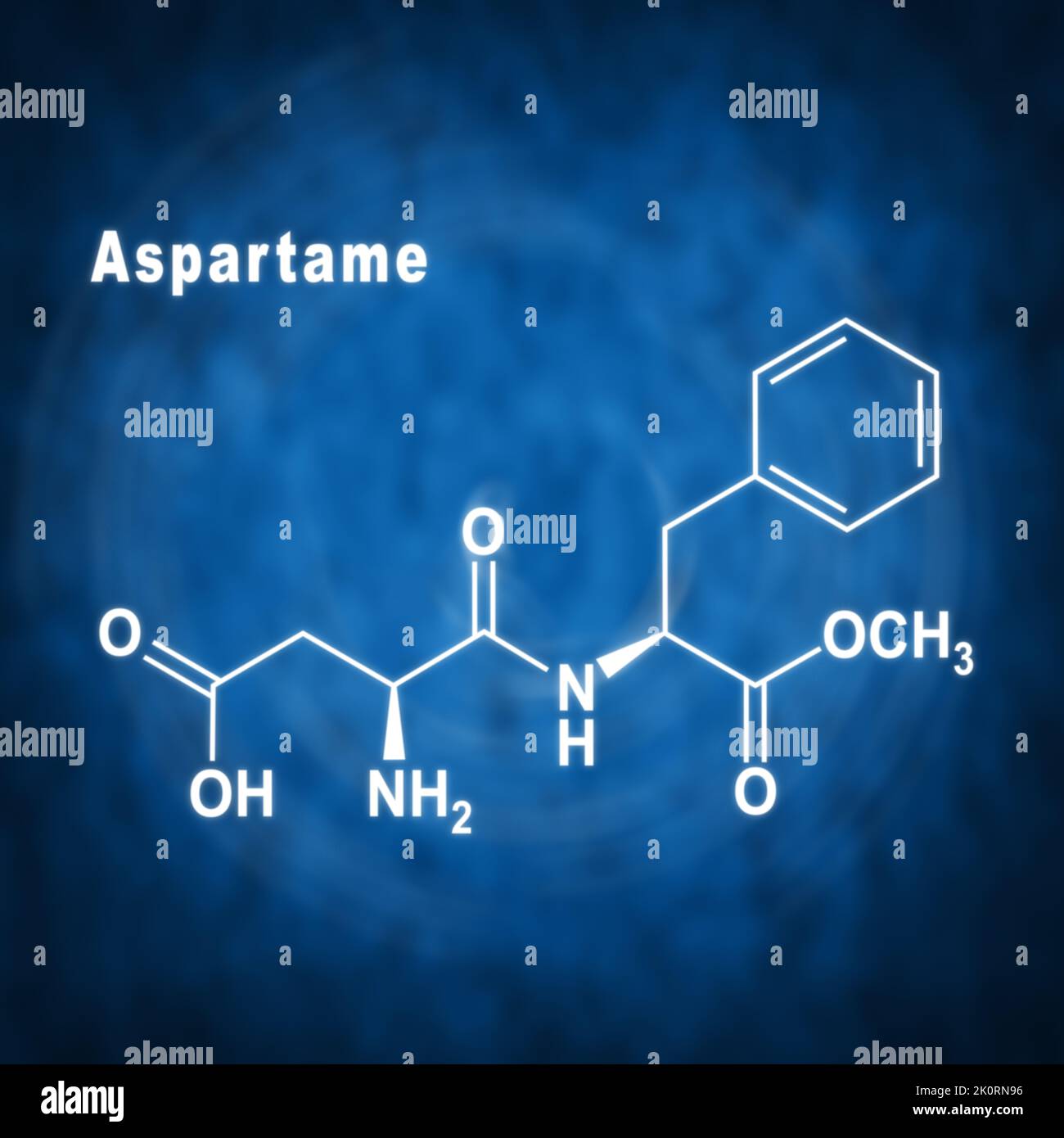Aspartame artificial sweetener, Structural chemical formula on a blue ...
