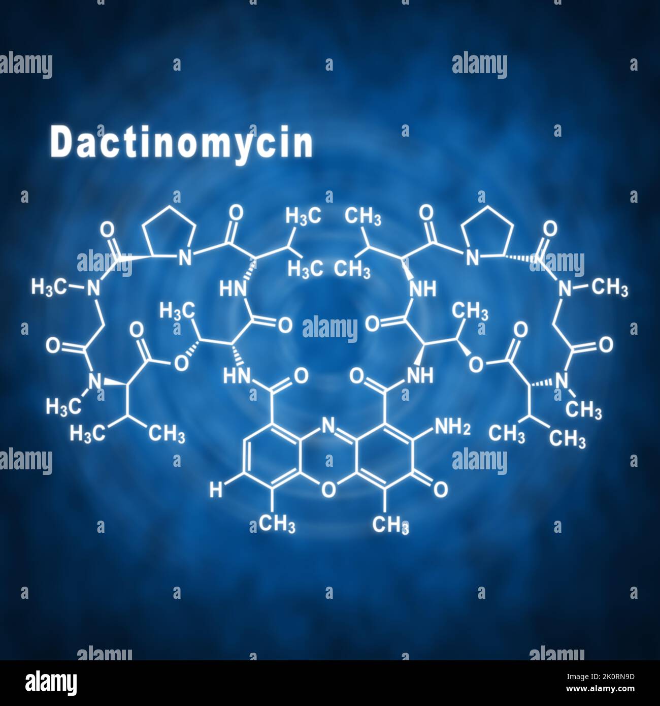 Dactinomycin cancer chemotherapy drug, Structural chemical formula on a ...