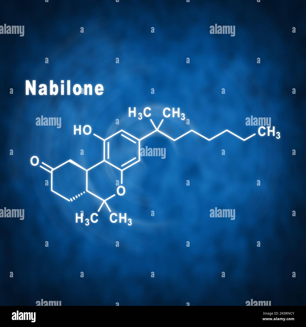 Nabilone synthetic cannabinoid, Structural chemical formula on a blue ...