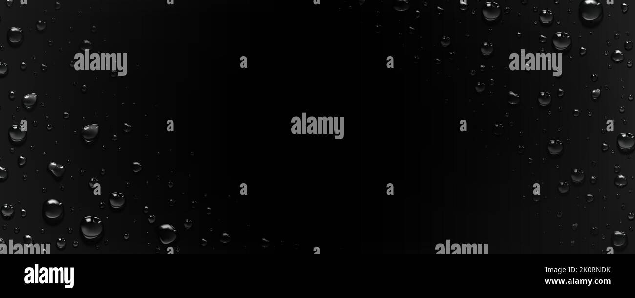 Raindrops condensation background. Water drops frame on black backdrop. Rain dribbles with light ...