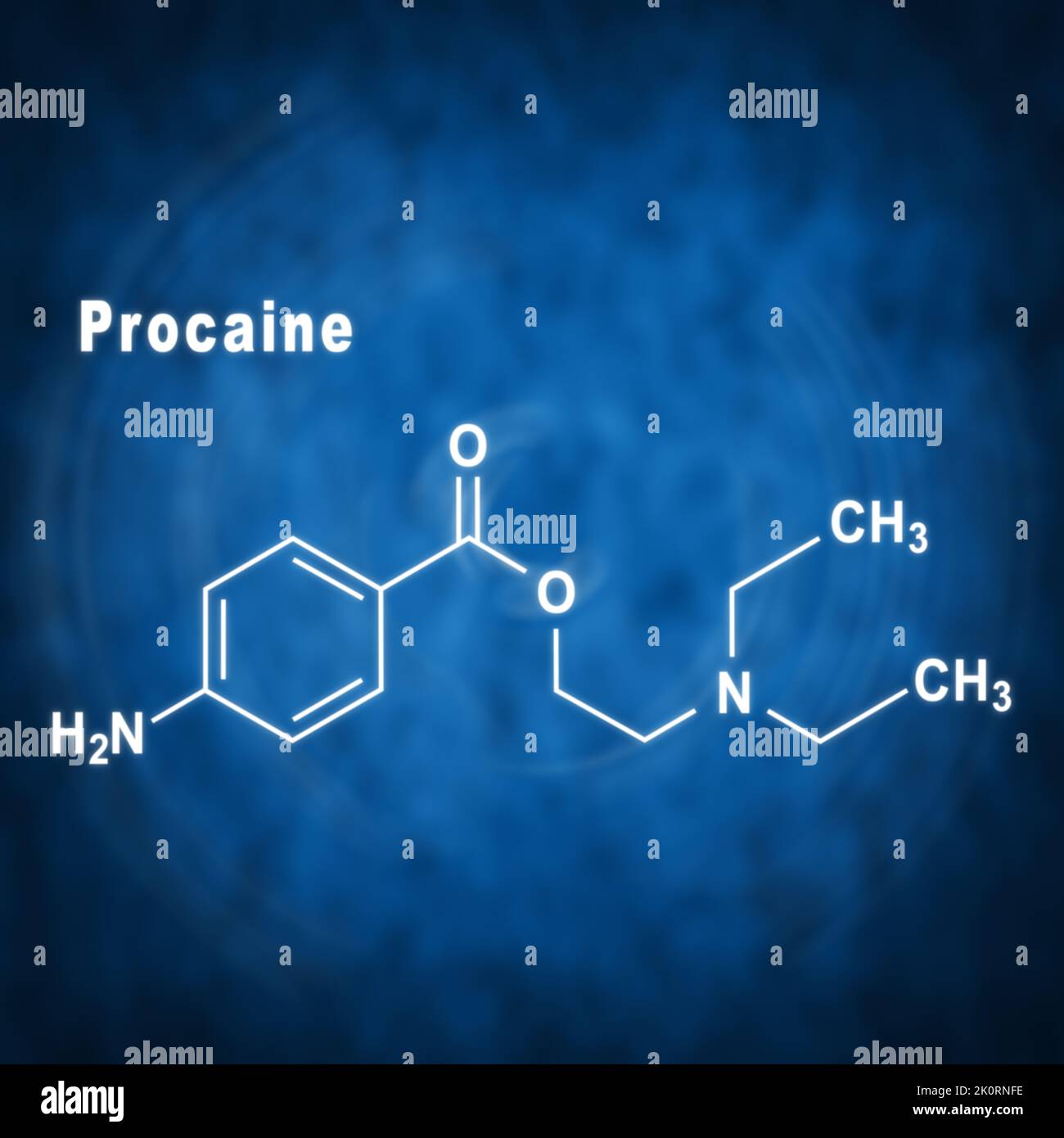 Procaine, anesthetic drug, Structural chemical formula on a blue ...