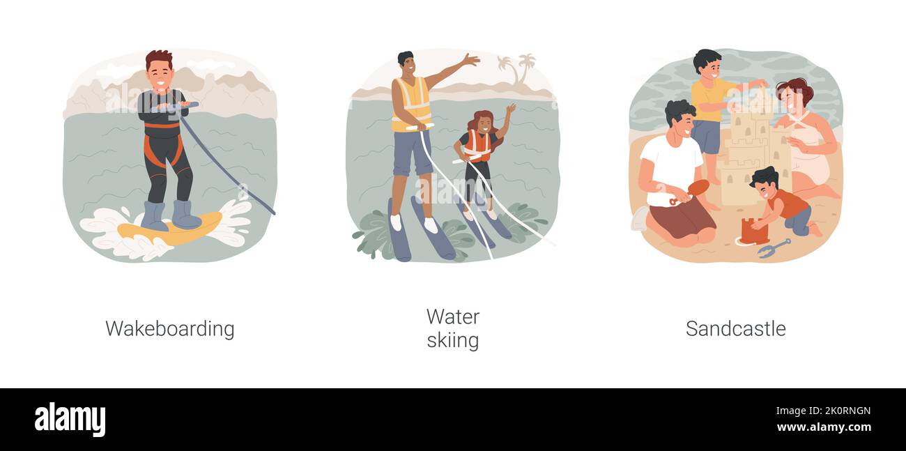 Beach activities isolated cartoon vector illustration set. Wakeboarding ...