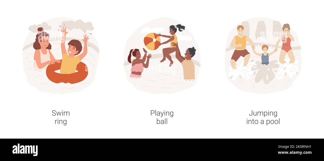 Backyard pool isolated cartoon vector illustration set. Child in a ...