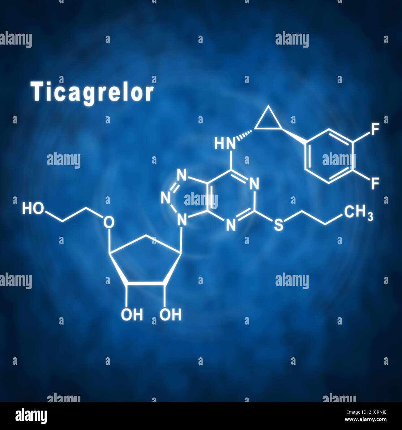 Ticagrelor platelet inhibitor drug, chemical structure on a blue ...