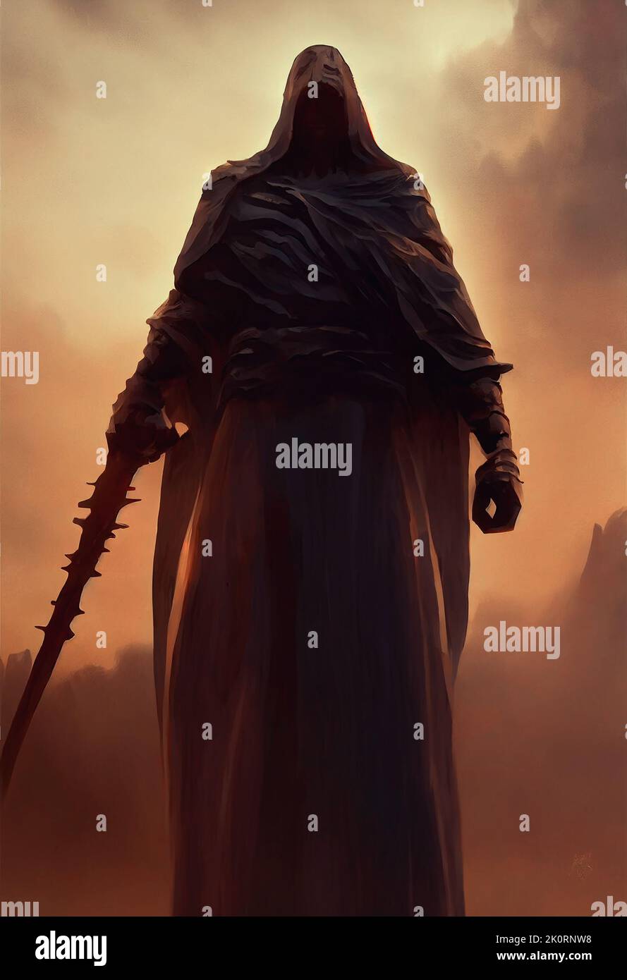 A 3D render of a hooded warrior in a robe standing against a dark ...