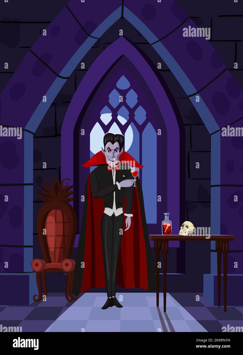 Dracula vampire character welcomes guests in black red cape with ...