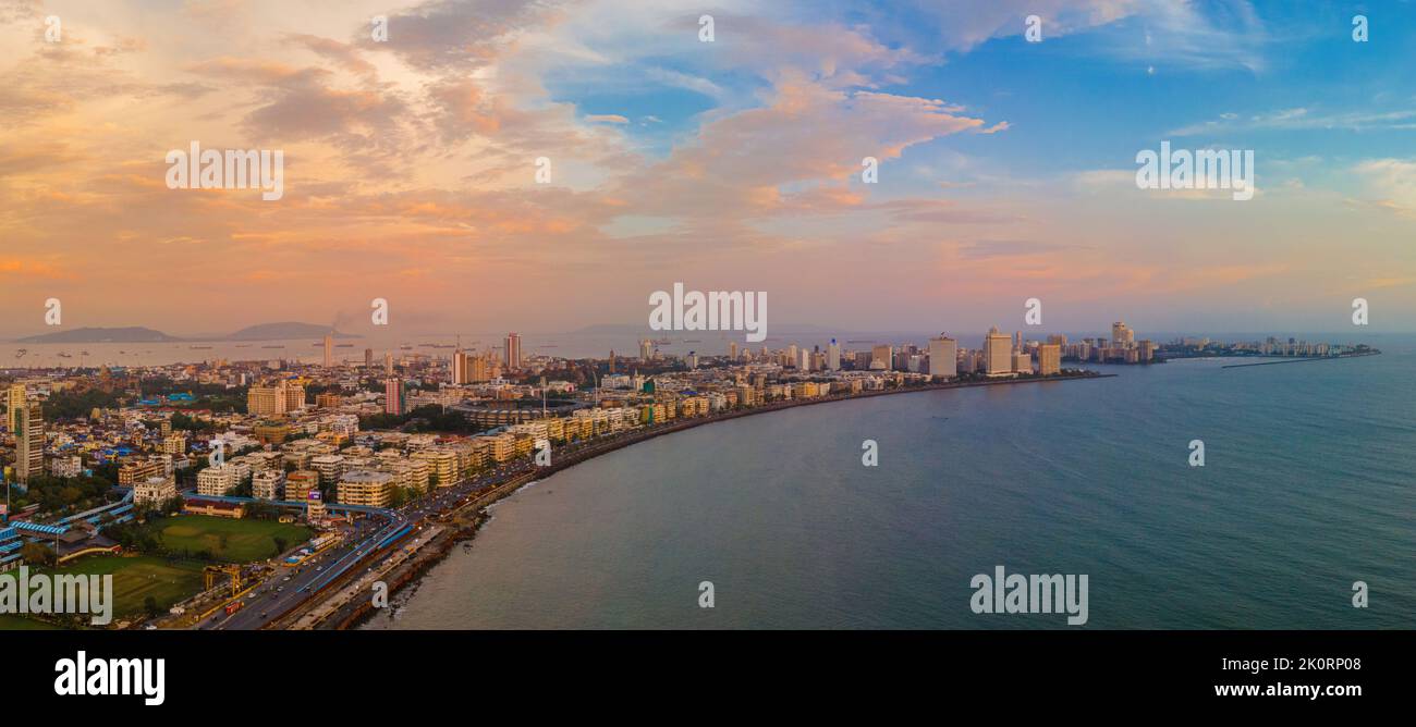 Panorama of Evening sunset at Marine Drive, Nariman Point - Mumbai ...