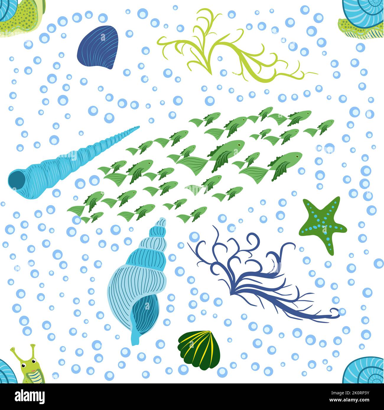 Snail, sea inhabitants seamless pattern, beautiful character among ...